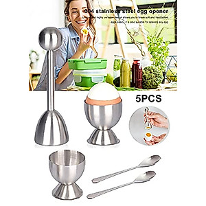 Xicennego Egg Cracker Topper Set of 5 - Includes 2 Egg Cups, 2 Spoons and 1 Cutter - Stainless Steel Easy Egg Opener