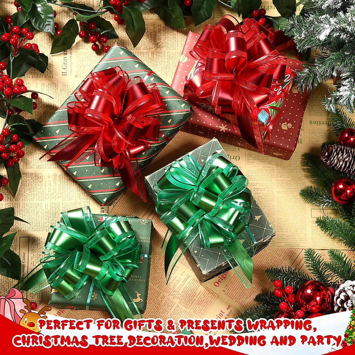 Riceshoot 60 Pieces Christmas Large Pull Bows Ribbon Gift Bows 6 Inch Gift Wrap Bows Wrapping Bows for Xmas Presents Wedding Party Basket Holidays Decoration(Green, Red)
