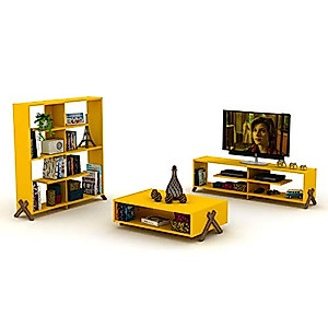 HT Design Kipp Cross Legs Wooden Frame Rectengular Coffee Table for Living Rooms with Interior Shelving, Walnut/Yellow