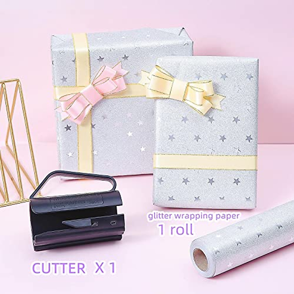 THMORT Glitter Wrapping Paper Roll with a Cutter Kit for Boys&Girls,Kids Babie Adults.17 Inch X 33 Feet Jumbo Rolls Glitter Princess Silver Stars Gift Birthday Wrapping Paper Roll for Baby Shower.