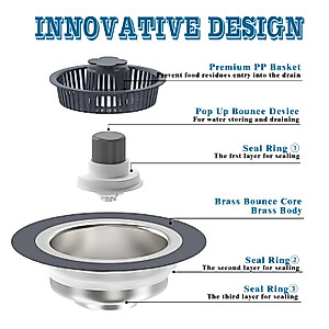 Kitchen Sink Drain Strainer, Upgraded 3 in 1 Kitchen Sink Bounce Core & Stopper Kit, 304 Stainless Steel Pop Up Kitchen Sink Stopper, Sink Stopper 3-1/2 Inch