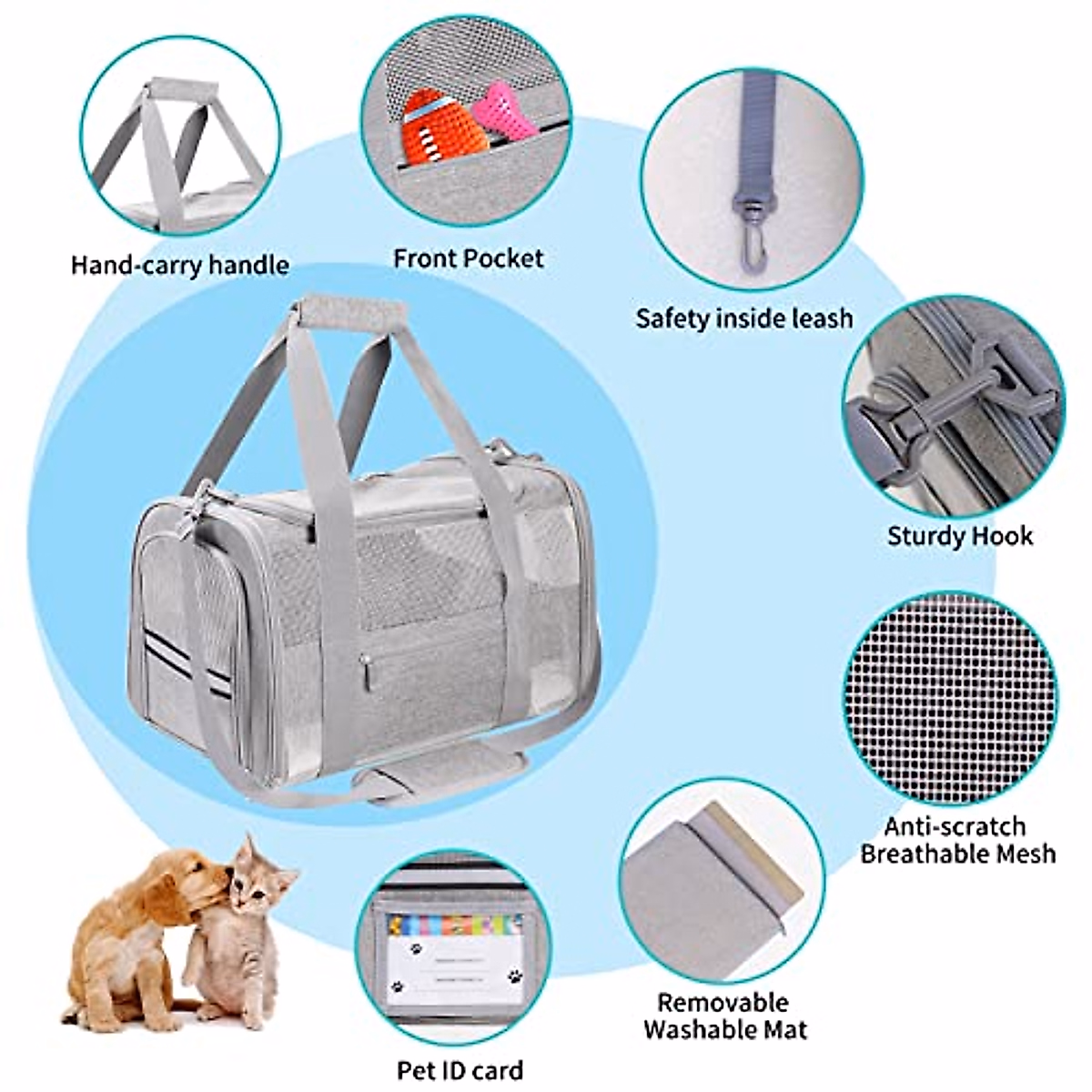 CUSSIOU Cat Carrier, Dog Carrier, Pet Carrier for Small Dogs Medium Cats Puppies Under 15 Lbs, TSA Airline Approved Carrier Soft Sided Dog Travel Carriers, Cat Carriers with Reflective Strip - Grey