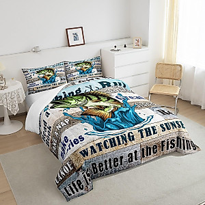 Bass Fish Fishing Theme Kids Comforter Set Queen Size,Lake House Cabin Camper Bedding Set,Girls Boys Adults Room Decor,Teal Wooden Plank Down Comforter,Rustic Farmhouse Duvet Insert,2 Pillowcases