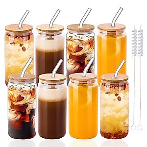 [ 8-Piece Set ] Bamboo Lid Glass Drinking Glasses with Glass Straw - 16-ounce Can Shaped Glassware for Beer, Iced Coffee, Cocktails, Whiskey, and More, Perfect for Cocktails, Whiskey, and Gifting