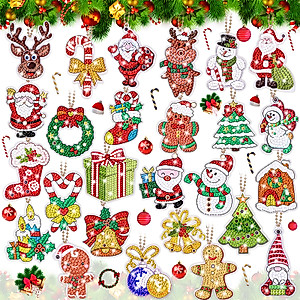 Qinzave 26 Pcs Christmas Diamond Art Painting Keychain 5D Diamond Art Keychain Diamond Art Painting, Diamond Art Christmas Ornament Keychain Hanging Ornament for Christmas Decoration DIY Art Craft