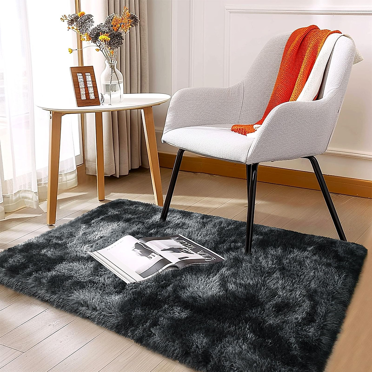 Shaggy Soft Fluffy Rug Non-Slip Indoor Floor Carpet for Living Room Anti-Skid Indoor Carpet Tie-Dyed Black Grey 2x3 Feet