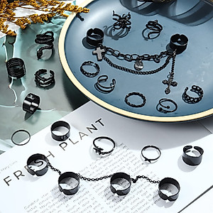 FIBO STEEL 18PCS Gothic Punk Chain Finger Rings for Women Men Y2K Black Stackable Rings Snake Chain Rings Open Adjustable Knuckle Emo Rings Punk Gothic Jewelry