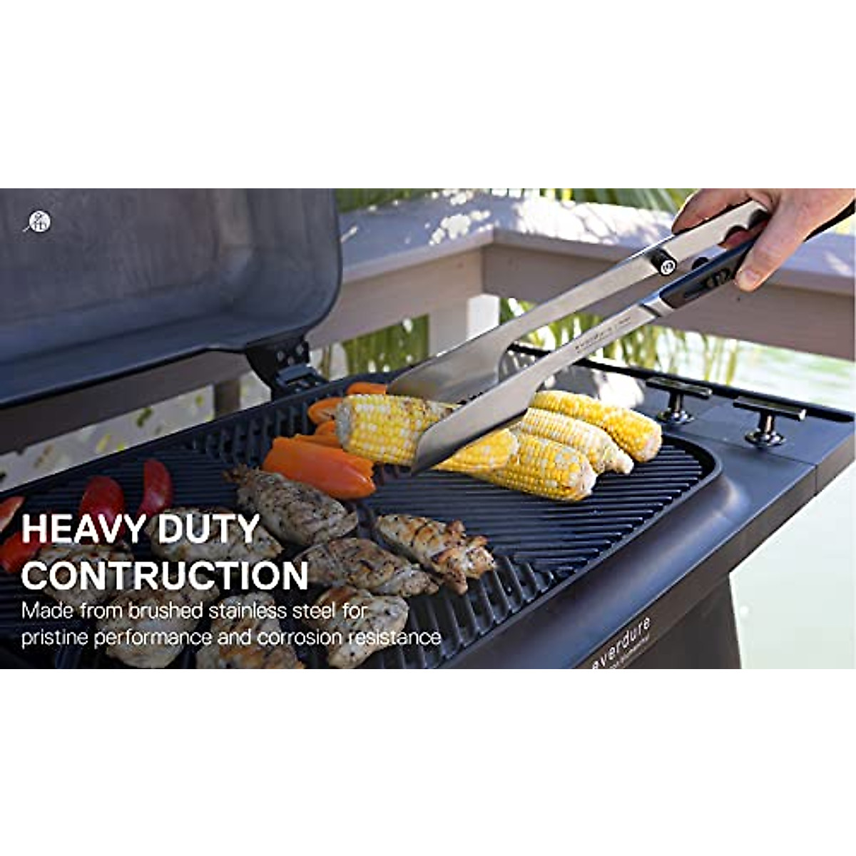 Everdure by Heston Blumenthal Premium Pack of 3 BBQ Tool Kit: Brushed Stainless Steel Tongs, Spatula and Fork with Soft Grip Handles and Hang Zone