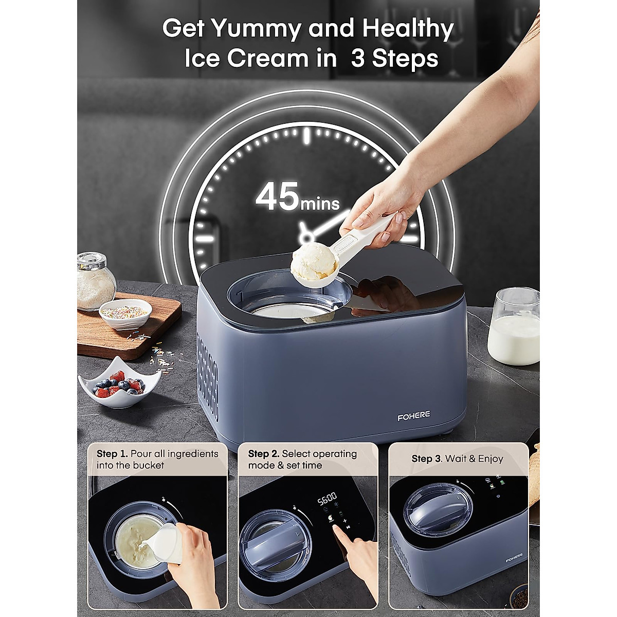 Touch Screen 1.2-Quart Automatic Ice Cream Maker with Compressor, No Pre-freezing, 4 Modes Frozen Yogurt Machine with LCD Display & Timer, Electric Sorbet Maker Gelato Maker, Keep Cool Function