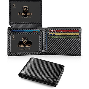 RUNBOX Gift for Men's Dad Leather Bifold RFID Blocking Wallet Slots with 2 ID Windows