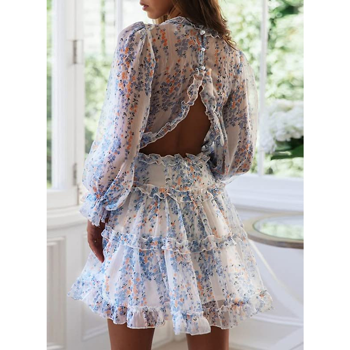 Dokotoo Womens Sun Casual V Neckline Long Sleeve Open Back Floral Print Mini Dress Bohemian Fashion Skater A Line Ruffle Hem Flowy Dresses White Large