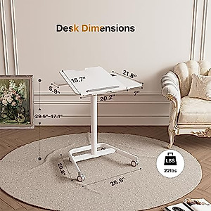 JOY worker Mobile Standing Desk, Pneumatic Height Adjustable Table, 60° Tiltable Rolling Laptop Desk, Portable Sit Stand Desk with Wheels Cup Holder for Bed Couch School, Holds Up to 22lbs, White