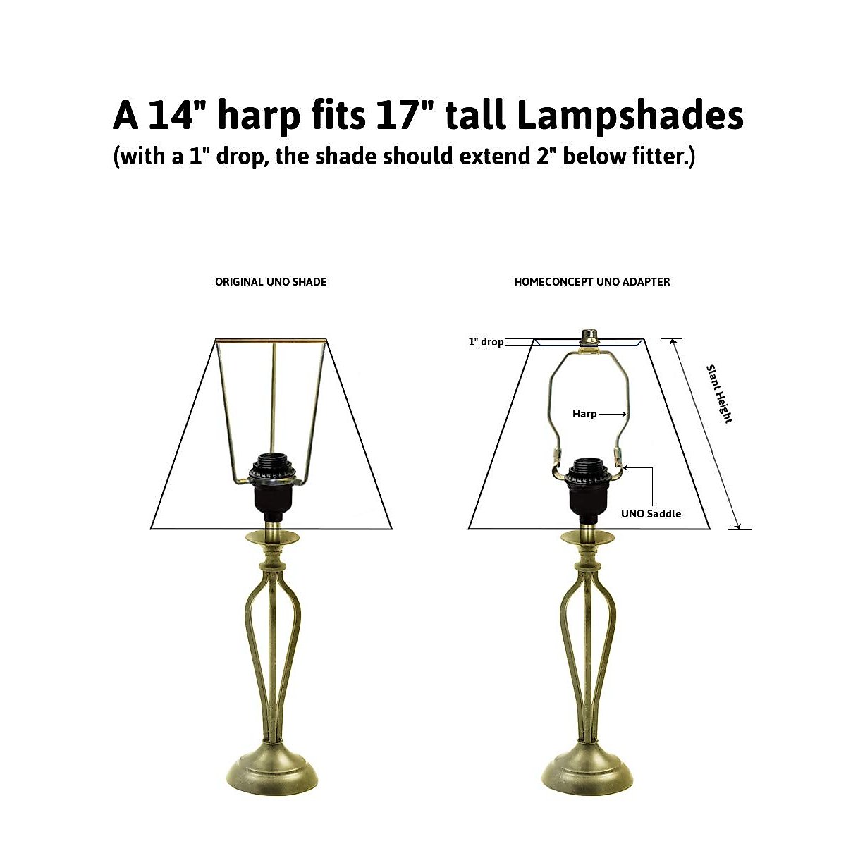 Slip UNO Adapter Converts Your 17" high Lampshade to fit on Slip UNO Lamp Base (1 7/16" Opening) - 14"h