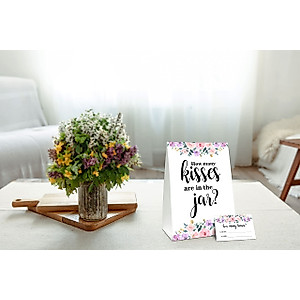 How Many Kisses are in the jar Bridal Shower Games, Blush Pink Floral For The Soon To Be Mrs, Wedding, Engagement Party Favors/Supplies/Decorations, 1 Standing Sign With 50 Guessing Cards -001KISS