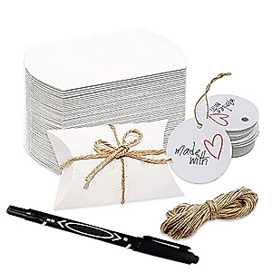 100 Pack Pillow Favor Boxes, White Pillow Box Candy Favor Paper Boxes with Tags&Twines, Kraft Pillow Boxes for Wedding Party