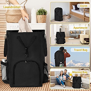 Laundry Bag Backpack Extra Large 110L, Stand up Laundry Hamper Basket for College Dorm Essentials, Collapsible & Extension Laundry Backpack Multi Pockets for Laundromat, Apartment, Travel, Black