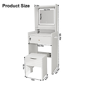 Hestiasko Small Vanity Desk with Mirror and Lights, 3 Lighting Modes Small Vanity with Chair and Outlet, Vanity Set for Bedroom, Vanity Small Place with Drawer Organizer Set, White