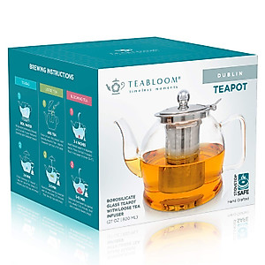 Teabloom Dublin Glass Teapot – Premium Borosilicate Glass with Removable Stainless Infuser – Stovetop Safe – Ideal for Loose Leaf Tea – Tea for Two – 27 oz. / 800 ml (2-3 Cups)