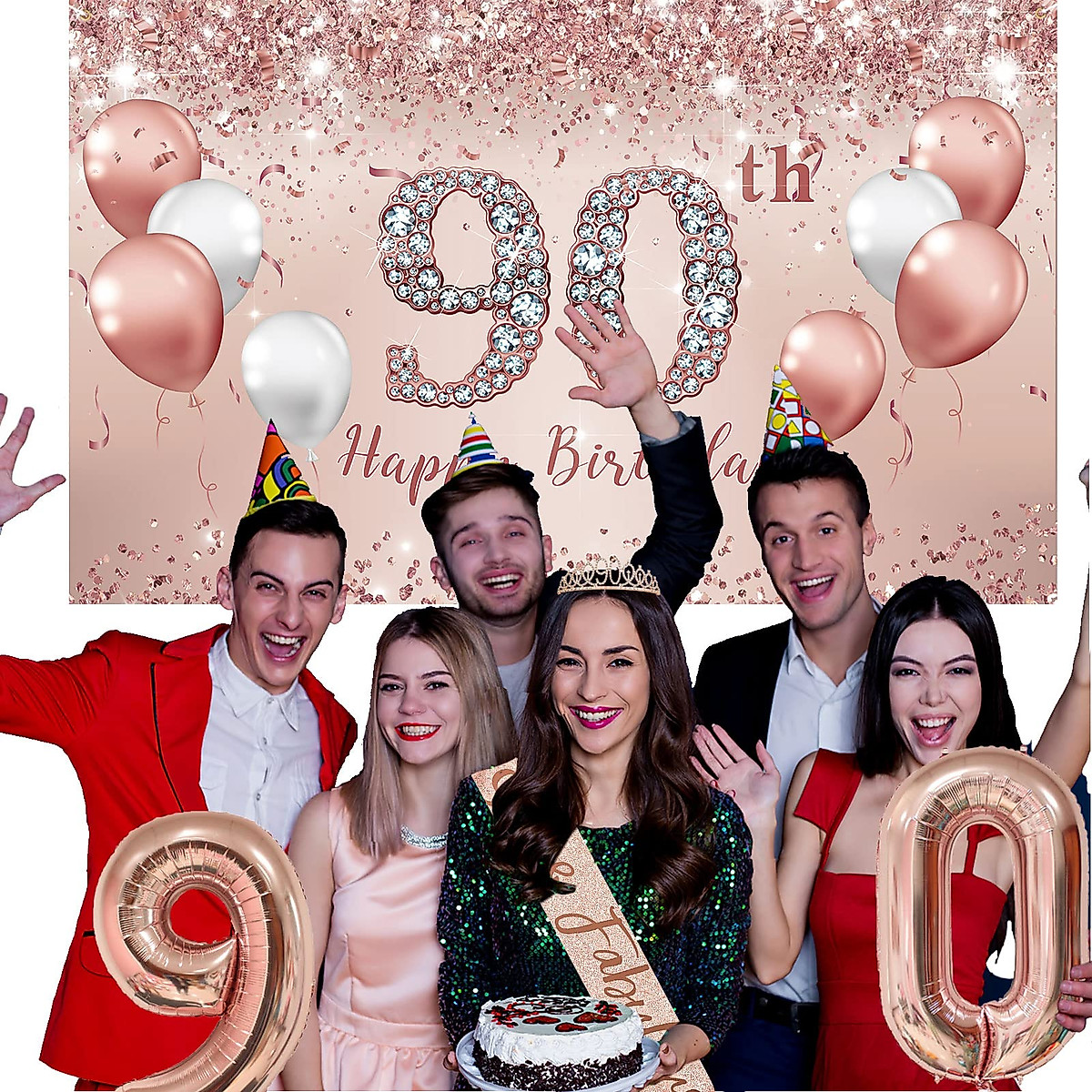 Trgowaul 90th Birthday Decorations Party Set for Women, Rose Gold 90 Birthday Banner and Tablecloth, 90 & Fabulous Sash and Tiara, 1PC Happy 90th Birthday Cake Topper, Pink Gold 90 Number Balloons