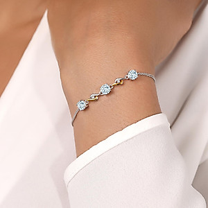 Gem Stone King 925 Silver and 10K Yellow Gold Bracelet For Women Round Sky Blue Aquamarine and Moissanite (1.52 Cttw)