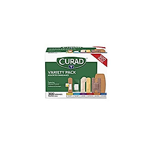 Curad Assorted Bandages Variety Pack 300 Pieces, Including Antibacterial, Heavy Duty, Fabric, and Waterproof Bandages