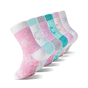 EBMORE Girls Kids Toddler Fuzzy Non Slip Grips Slipper Socks Gift Crew Cabin Cozy Fluffy Hospital Cute Warm Winter Socks for Boys Child Christmas Stocking Stuffers 6 Pairs（Snowflake，8-12 Y）