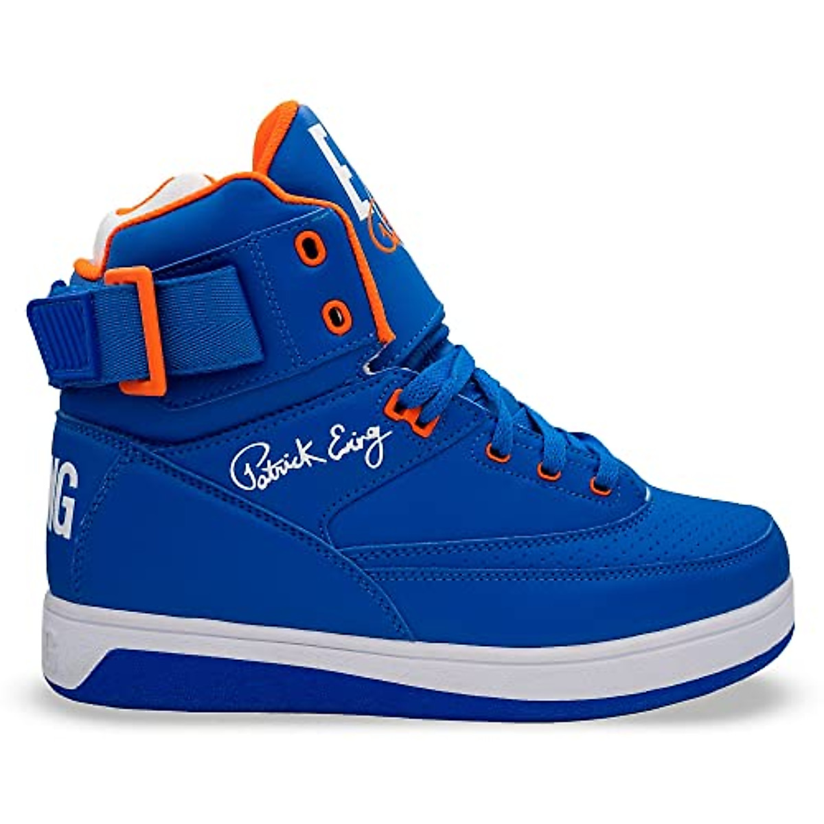 Ewing Athletics 33 HI x Orion Hybrid Retro Sneakers for Men, Reversible Ankle Strap, Durable Synthetic Upper, Rubber Sole, Blue/Orange/White; Size 9.5