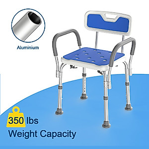 Loyoda Medical Shower Chair with Arms,Sturdy Aluminum Alloy Bath Chair,Slip Resistant Shower Bench,Height-Adjustable Shower Seat with Padded Handles for Elderly