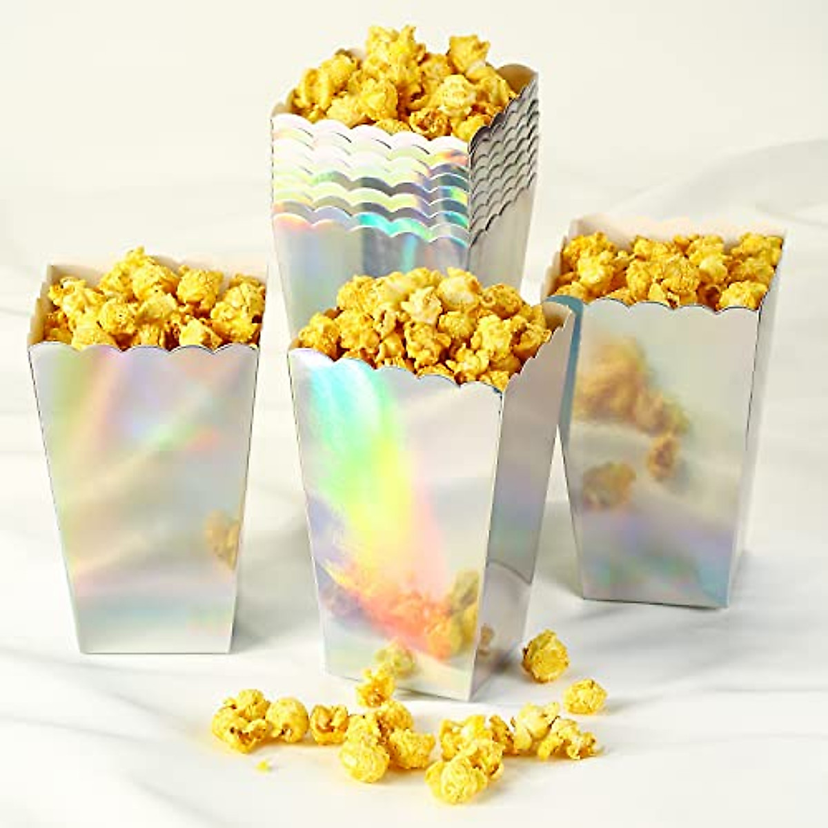 ZebrAnt Iridescent Disposable Popcorn Boxes 6.3 Inches Tall Holographic Rainbow Silver Party Supplies Open-Top Cardboard Paper Popcorn Container for Party Wedding Anniversary Christmas Pack of 12