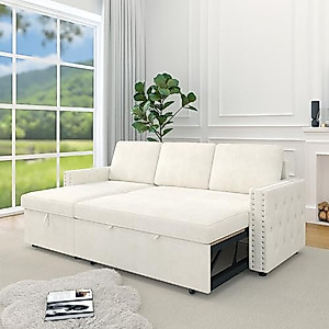 FANYE 85" W L-Shaped Reversible Sleeper Sectional Sofa Chenille Button Tufted Upholstered Corner Convertible Sofabed W/Pull Out Couch Bed and Storage Chaise, Nailhead Decor for Living Room