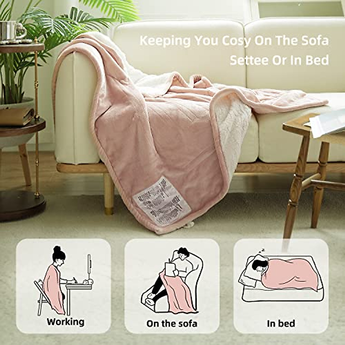 GOTCOZY Heated Blanket Electric Throw 50''X60''- Soft Silky Plush Electric Blanket with 4 Heating Level & 3 Hour Auto Off Heating Blanket, ETL Certified Machine Washable (Rose Dust)