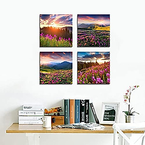 Noah Art-Modern Landscape Art Print Posters, Sun Light over Mountains Wall Art Pictures of Flowers on Canvas Print, 4 Piece Sunrise Canvas Art Ready to Hang Outdoor Wall Art for Bathroom Wall Decor