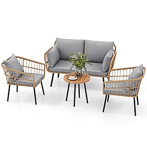 DWVO 4 Pieces Patio Furniture Set, Outdoor Wicker Bistro Set, All-Weather Rattan Conversation Set with Loveseat Chairs Table Soft Cushions for Backyard, Pool, Deck, Garden (Grey)