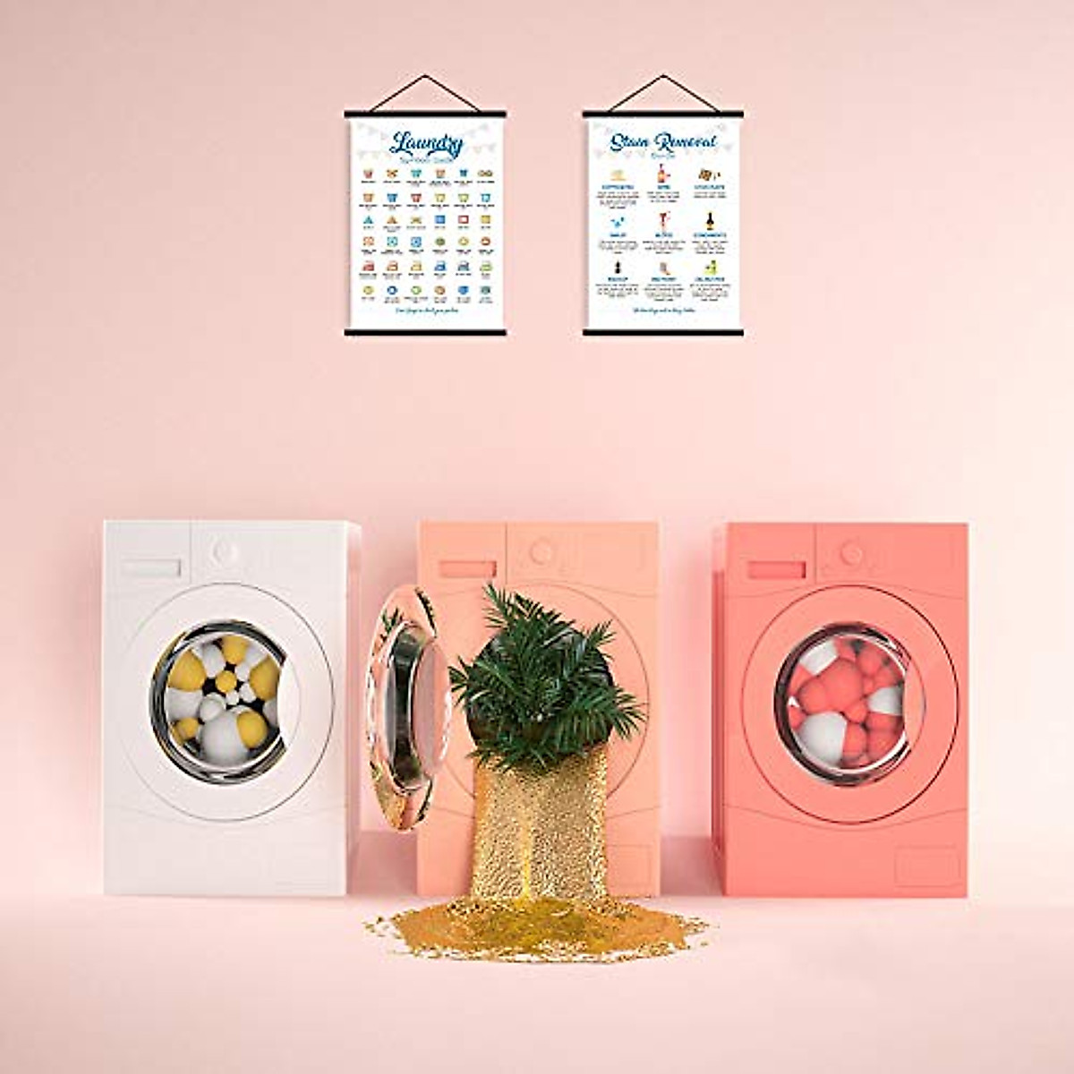 CHDITB Laundry & Stain Removal Theme Art Print Wash Room Magnetic Natural Black Wood Hanger Frame Poster, Canvas Unique Symbols Be The Change Painting 28X45cm Wall Hanging Regular Sign For Toilet Decor