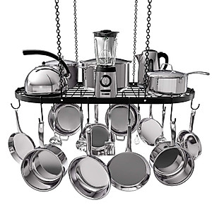 Vdomus pot rack ceiling mount cookware rack hanging hanger organizer with hooks (33 x 17 Inch) and Strong Shower Caddy 2 Tier Bathroom Corner Shelf Organizer Polished Chrome- No Drilling Needed Basket