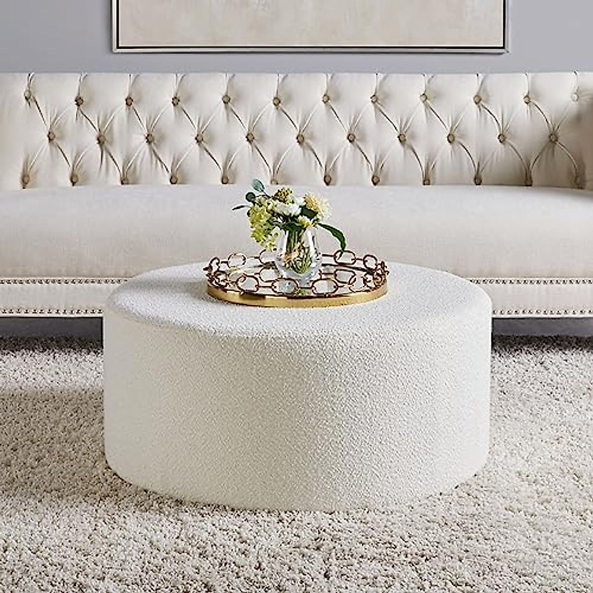 Get Set Style Round Coffee Table, Boucle Upholstered End Table, Work as Side Table & Ottoman & Seat for Living Room Bedroom Entryway Office