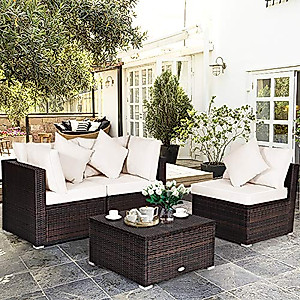 HAPPYGRILL 4-Pieces Patio Furniture Set Rattan Wicker Conversation Set with Ottoman Outdoor Sectional Sofa Set with Cushion & Pillow for Garden Lawn Balcony Backyard
