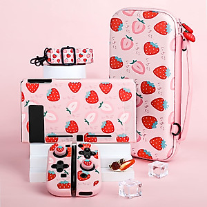 FUNDIARY Cute Strawberry Carrying Case for Nintendo Switch, Travel Bag Accessories Bundle for Switch with Protective Case, Screen Protector, Adjustable Shoulder Strap and 2 Strawberry Thumb Caps