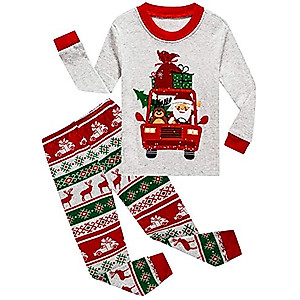 KikizYe Christmas Reindeer Santa Claus Car gift Little Boys Long Sleeve Pajamas 100% Cotton Holiday Grey Sleepwears Toddler Size 2T