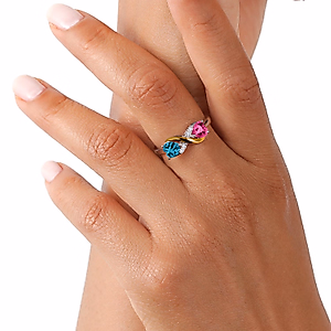 Gem Stone King 925 Sterling Silver and 10K Yellow Gold Pink Created Sapphire London Blue Topaz and White Lab Grown Diamond Women Ring (1.19 Cttw, Available In Size 5, 6, 7, 8, 9)