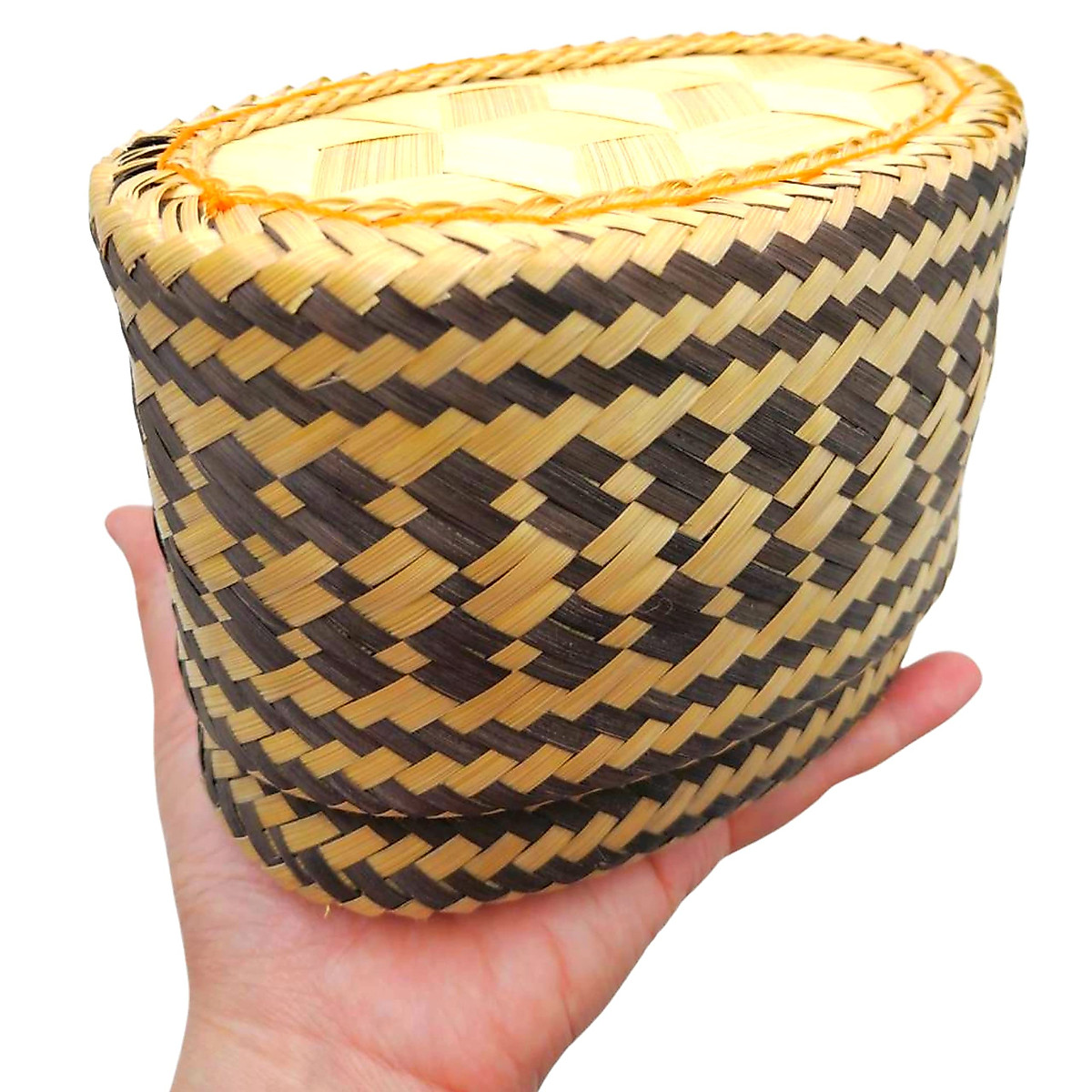 Bamboo Sticky Rice Serving Basket 6 x 3.7 Inch, Kratip, Intricately Woven Container, Oval-Shaped Pattern, Thailand Handmade, Dyed with Natural Based Black Charcoal (Mini Heart) (Double Square)