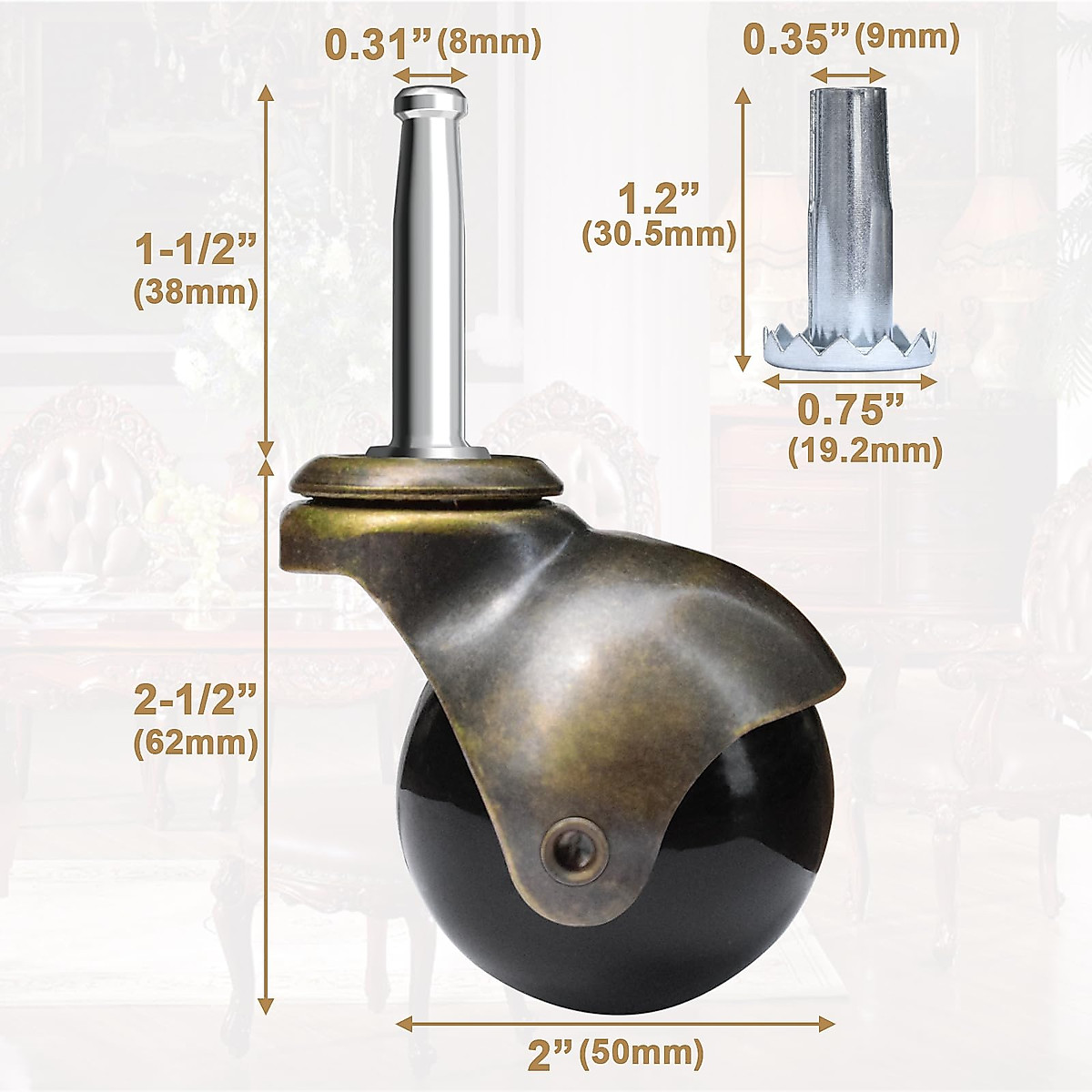 AAGUT 2" Ball Casters Stem Caster Wheels Set of 4 with 5/16" x 1-1/2" (8 x 38mm) with Metal Sockets Replacement Vintage Antique Swivel Wheel for Sofa, Chair, Cabinet