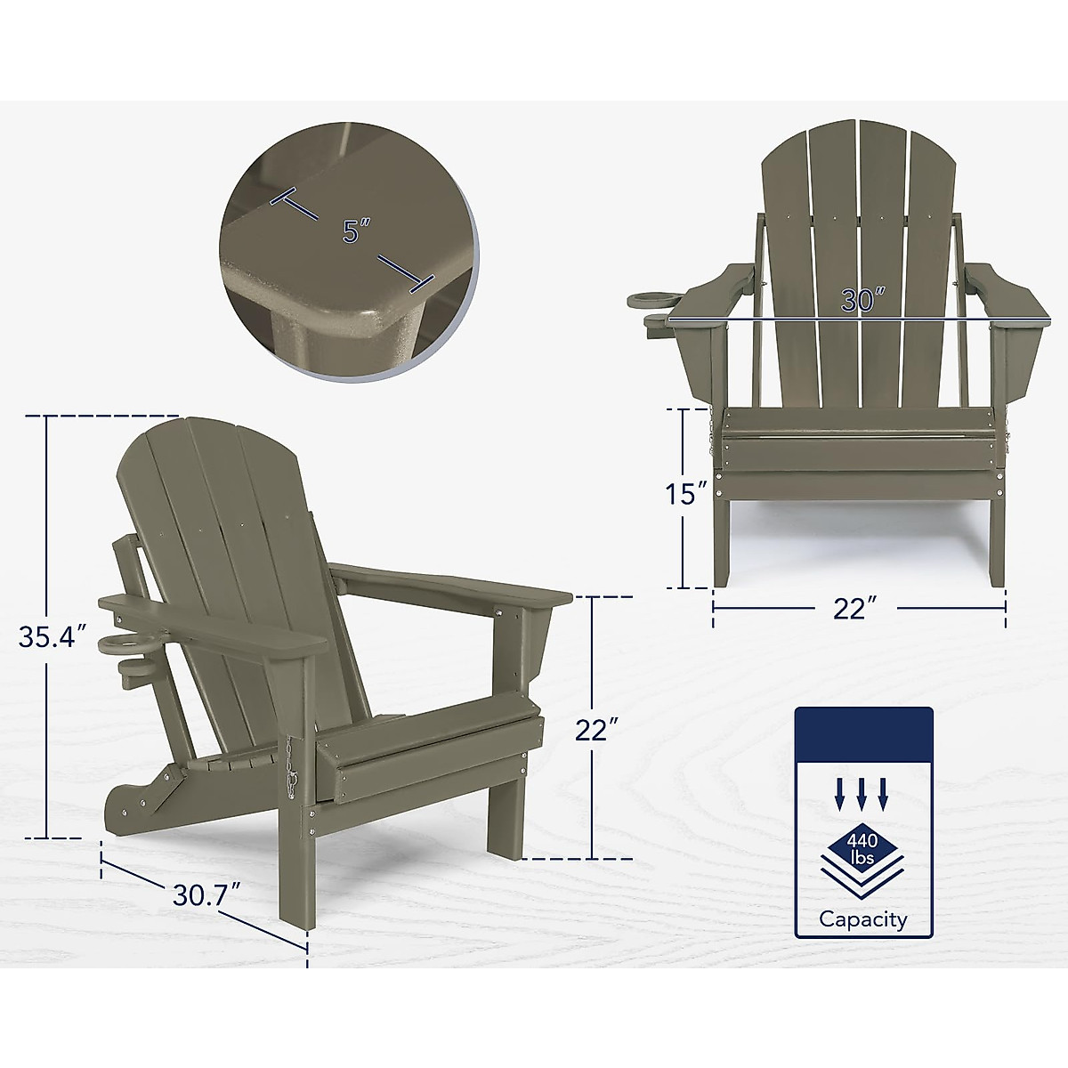 ABCPATIO Folding Plastic Adirondack Chair - Outdoor Weather Resistant Adirondack Chairs with Cup Holder, Stackable Seating for Patio, Porch, Deck, Pool, Garden, Backyard (Seat Width 21.6", Dark Brown)
