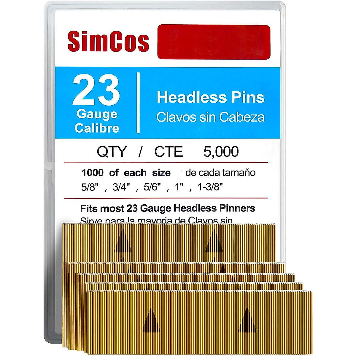 SimCos 23 Gauge Pinner Nails (5/8",3/4",5/6",1",1-3/8") assorted 5 sizes' Headless Pin Nails for 23 GA Pneumatic or Electric Pinner or pin gun,Project Pack (5000)