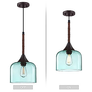 Dolaimi House 2 Pack 1 Light Indoor Hanging Kitchen Island 7.3" Green Glass Paper Rope Pendant Light Fixtures Oil Rubbed Bronze Finish Modern Farmhouse Dinning Room Living Room Over Sink