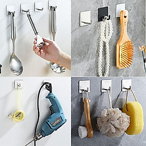 Aobvrey Adhesive Hooks Heavy Duty, 6 Packs Towel Hooks Stainless Steel Wall Hooks for Hanging Towels, Loofahs, Coats and Hats (Silver)