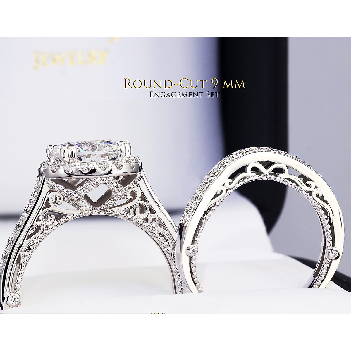 Engagement Ring Set Wedding 100% Solid Sterling Silver 925 Rhodium Plating Cubic Zirconia Stones AAAAA+ Alternative to Diamonds 2.5 Carats Anniversary Marriage Bridal Promise Design Valentine