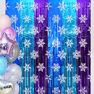 Bupelo Frozen Birthday Party Decorations, 2 Pack Frozen Birthday Party Supplies 3.3x6.6ft Tinsel Foil Fringe Curtains, Winter Photo Booth Prop Backdrop Streamer, Snowflake Birthday Party Decor