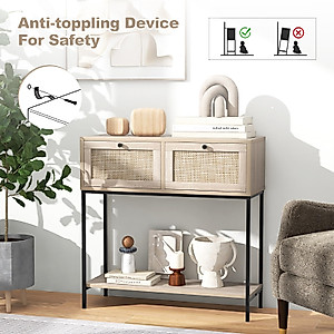 Giantex Console Table with Rattan Drawers - 31.5" Entryway Table w/ 2 Drawers & Open Storage Shelf, Metal Frame, Boho Style Long Sofa Side Table, Narrow Entry Table for Living Room Foyer Hallway