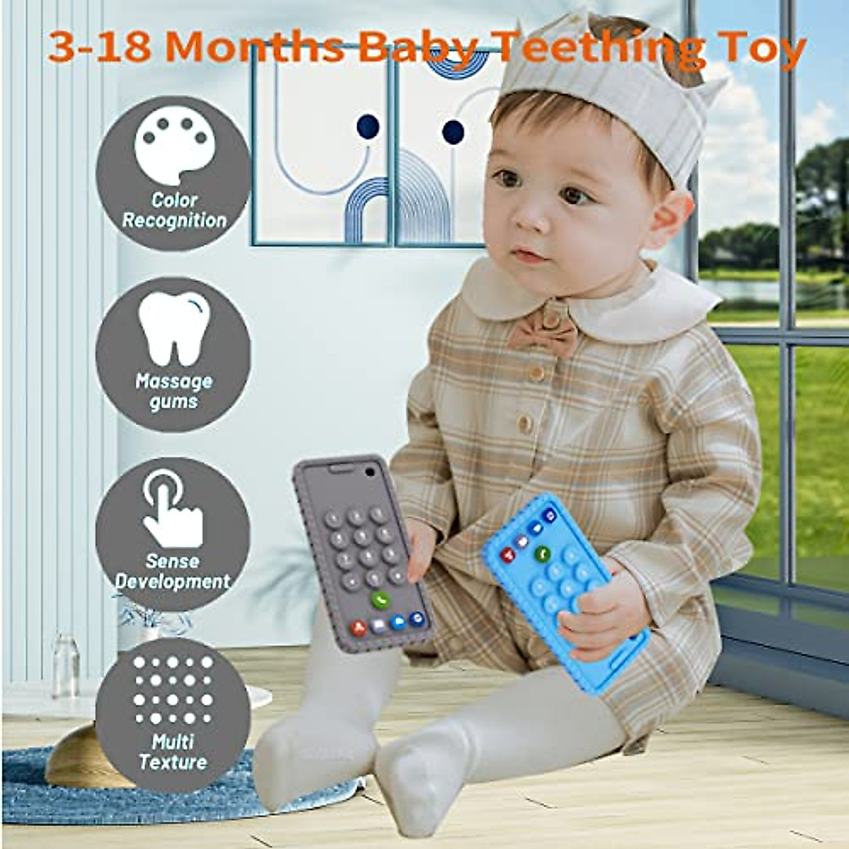 Whisary Mobile Phone Shape Teething Toys，Silicone Baby Teether Toys with Pacifier Clip for Babies 0-3 Months 3-6 Months,Baby Chew Toys Sensory Toys for Babies 6-18 Months Pack 1 (SJ-Purple)